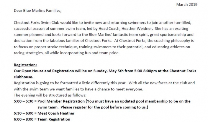 Swim Team letter - Chestnut Forks Athletic Club