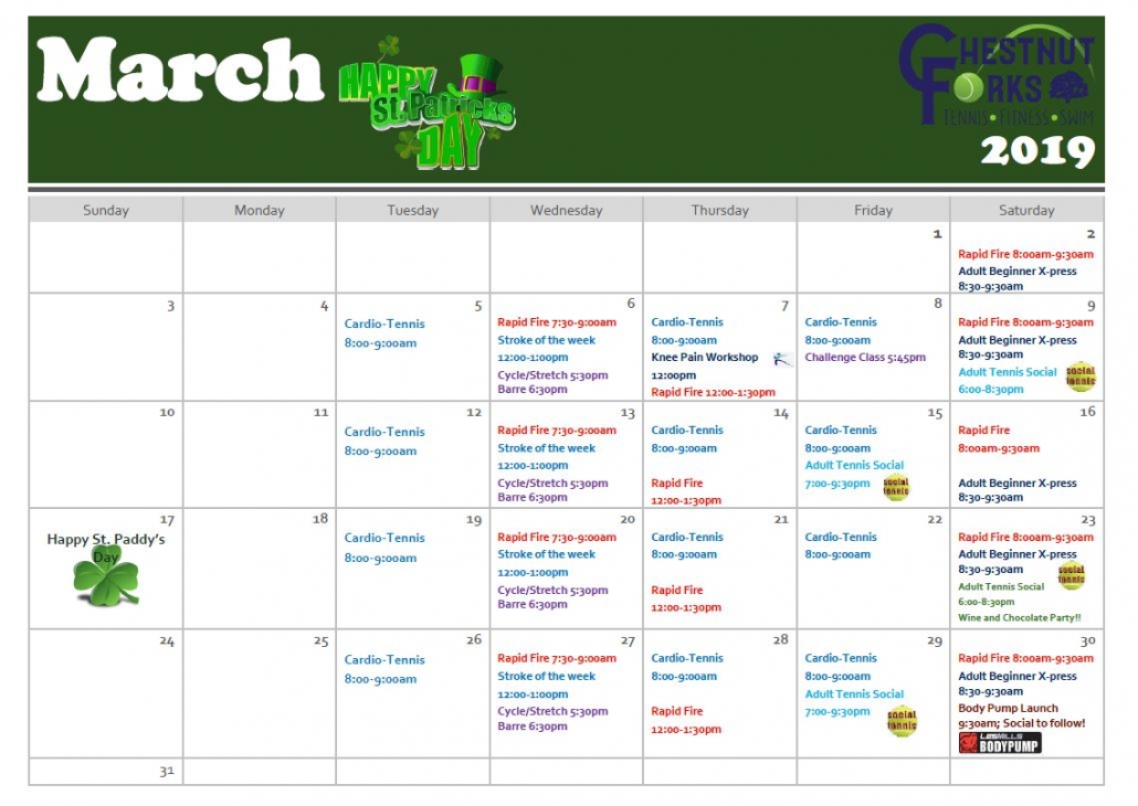 March Calendar of Events - Chestnut Forks Athletic Club